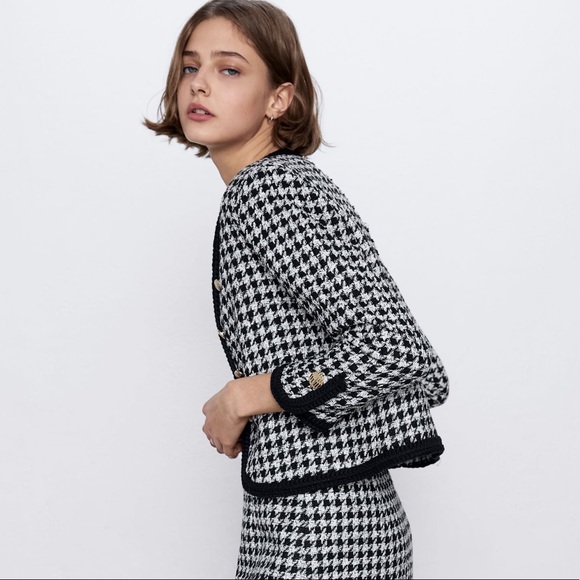 Zara | Jackets & Coats | Zara Houndstooth Tweed Jacket Blazer Wgold ...